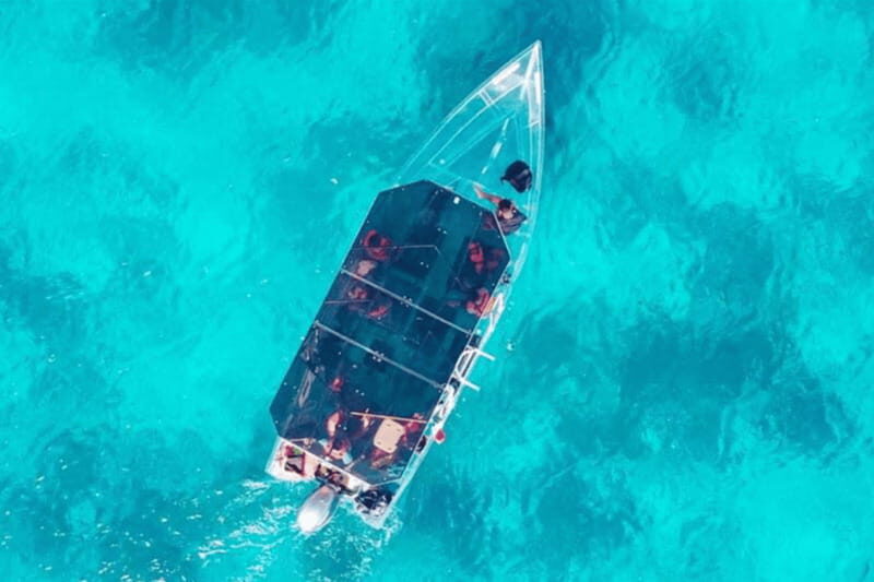 Explore the sea of cozumel in a transprent boat with drinks and snorkel. - Key Points