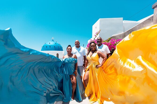 Photoshoot in Flying Dresses in Santorini - What to Expect from Your Flying Dress Photoshoot in Santorini